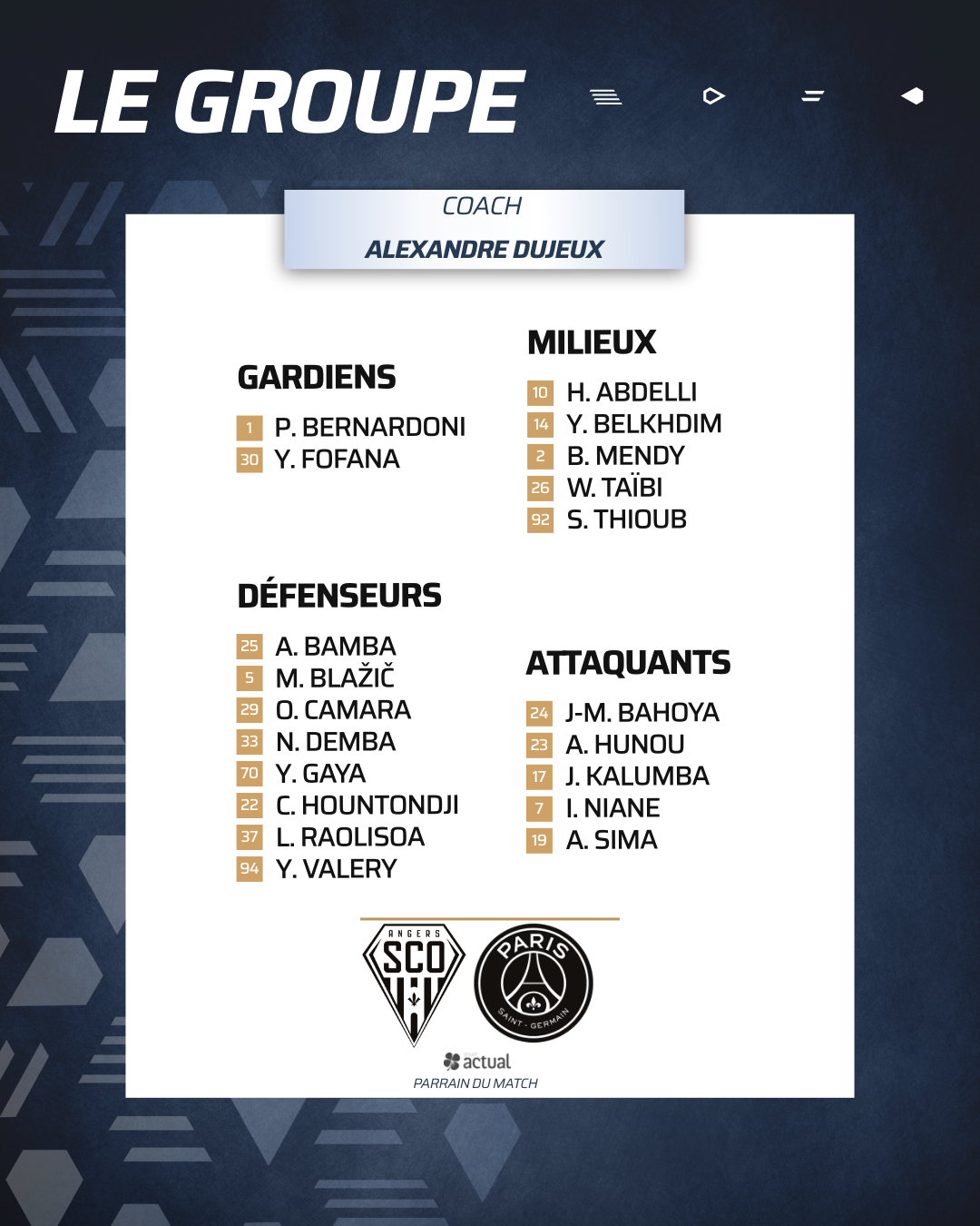 Le groupe angevin convoqué pour la réception du PSG - Angers SCO